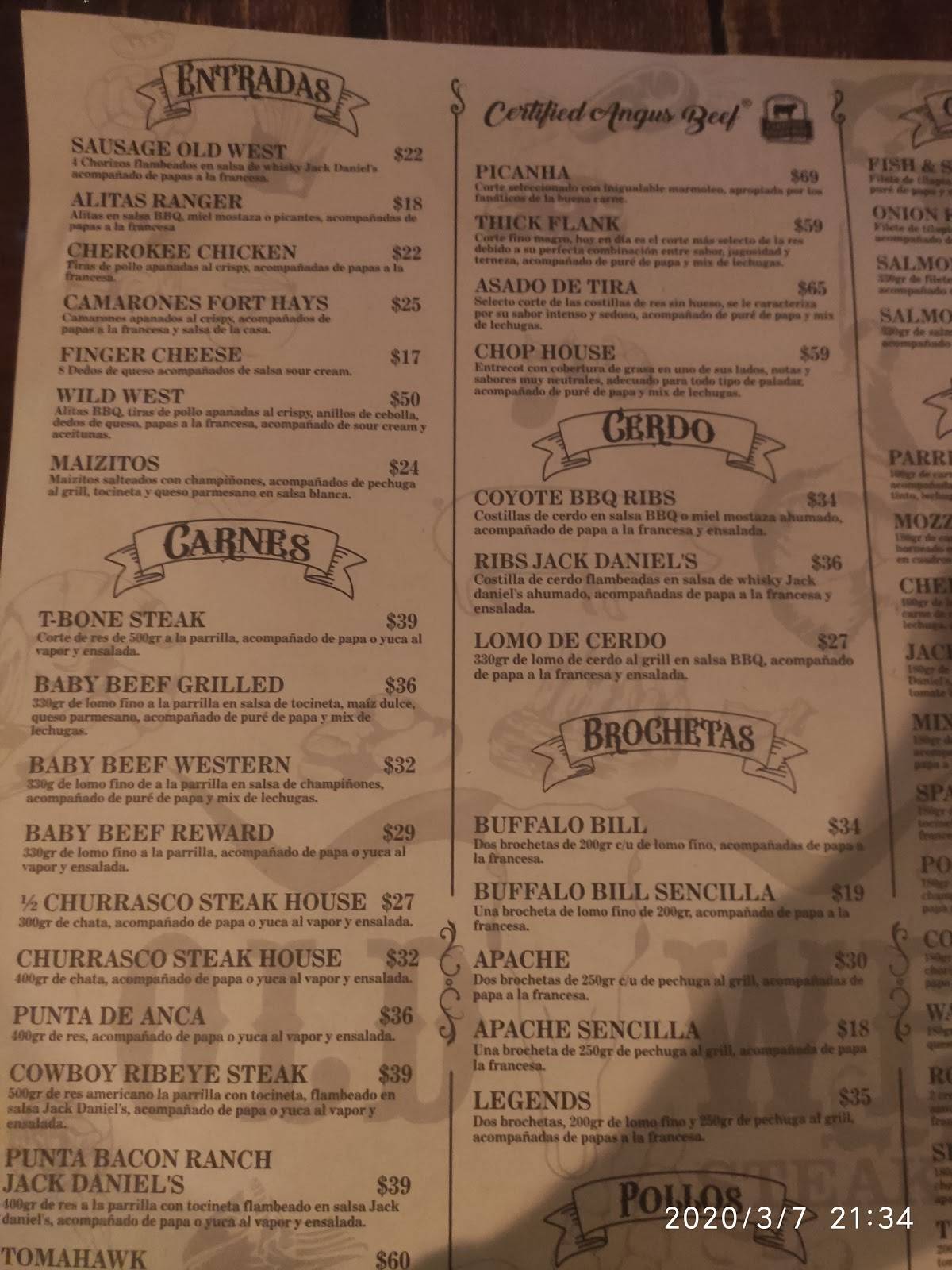 Carta del restaurante Old West Steak House (Caobos), Cúcuta