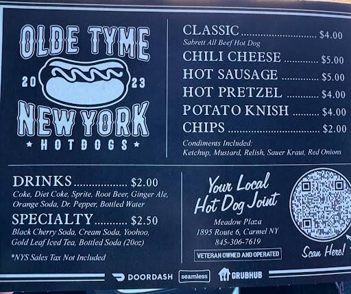 Menu at Olde Tyme New York Hot Dogs restaurant, Carmel Hamlet