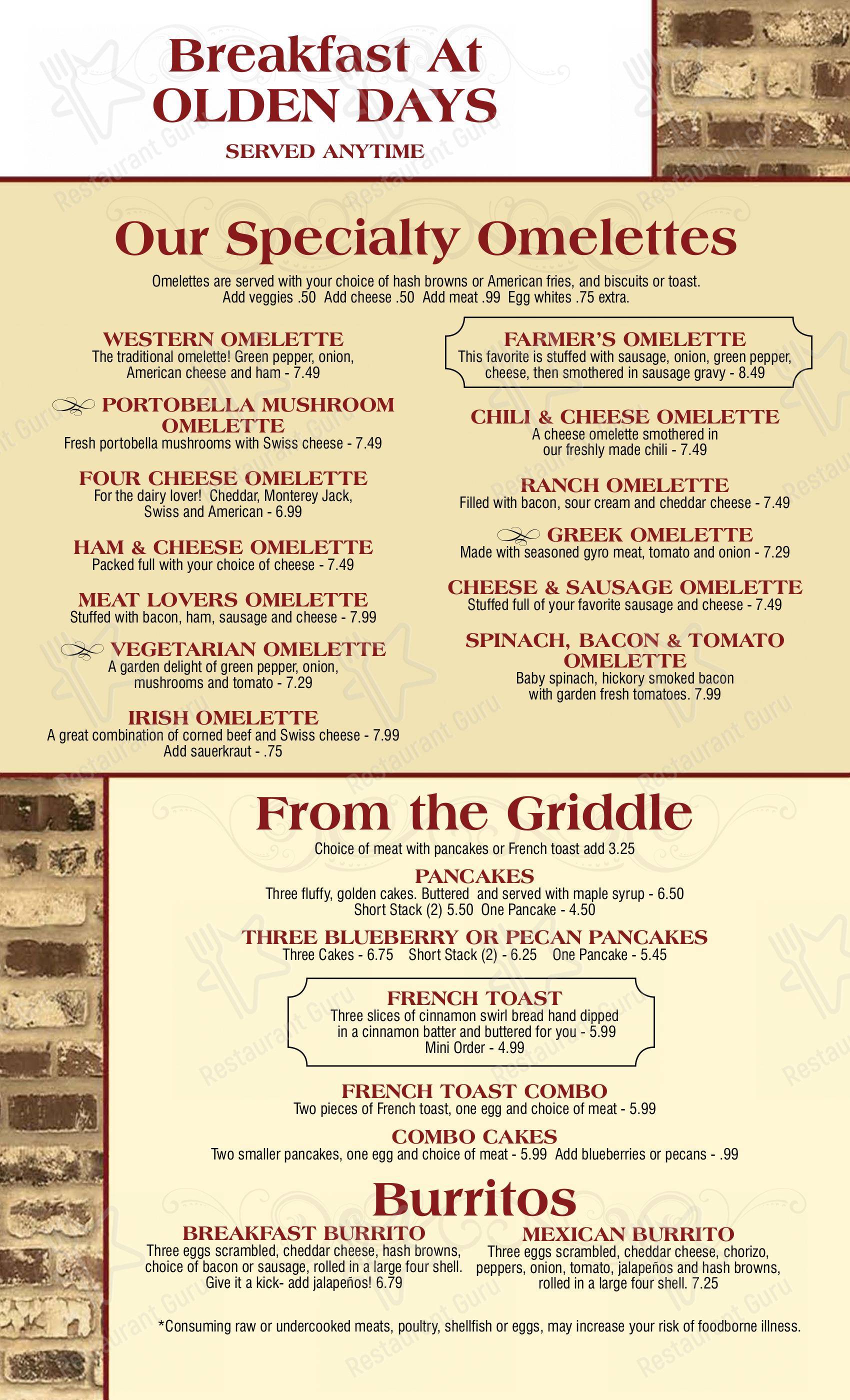 Menu at Olden Days Cafe, Fowlerville
