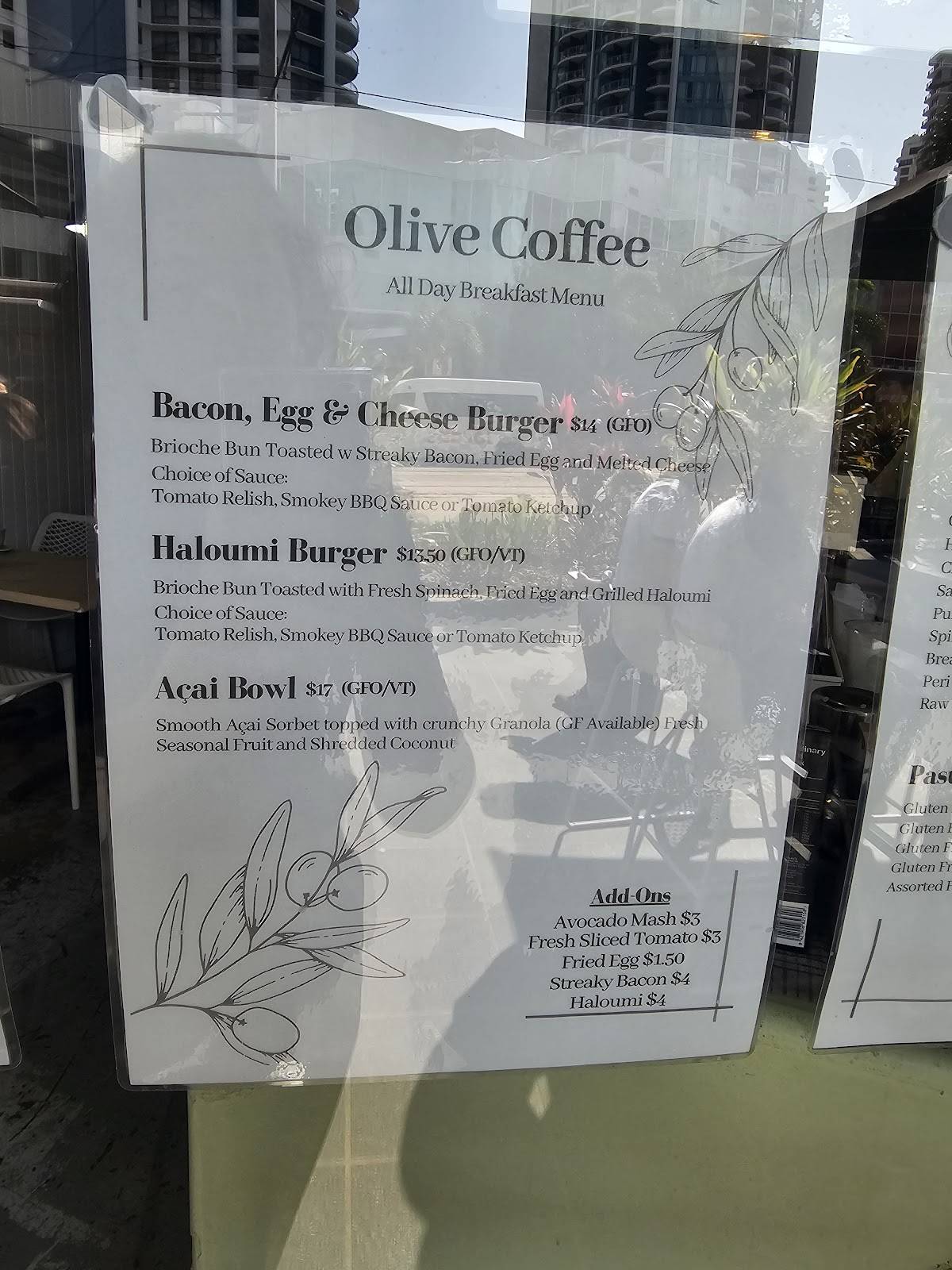 Menu at Olive Coffee cafe, Surfers Paradise