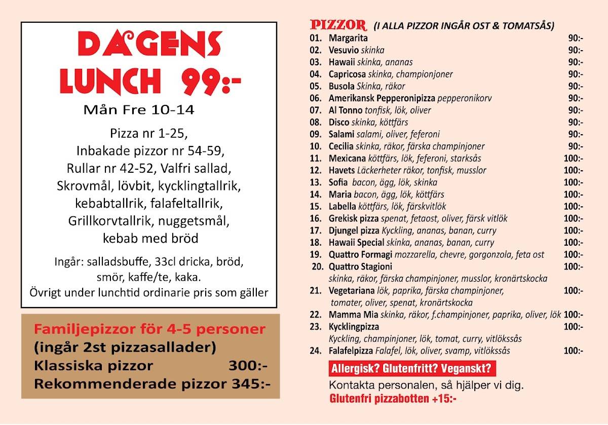 Menu at Olles Pizzeria, Umeå
