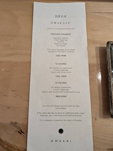 Menu at Omakai Sushi restaurant, San José del Cabo