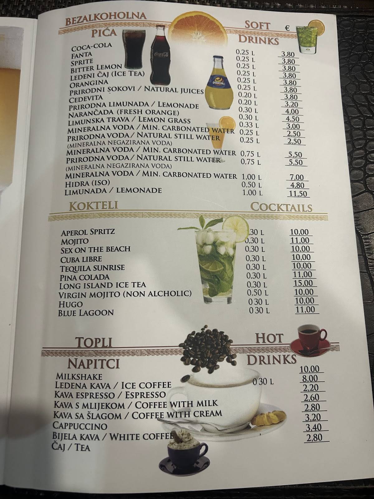 Menu at Milo restaurant, Omiš