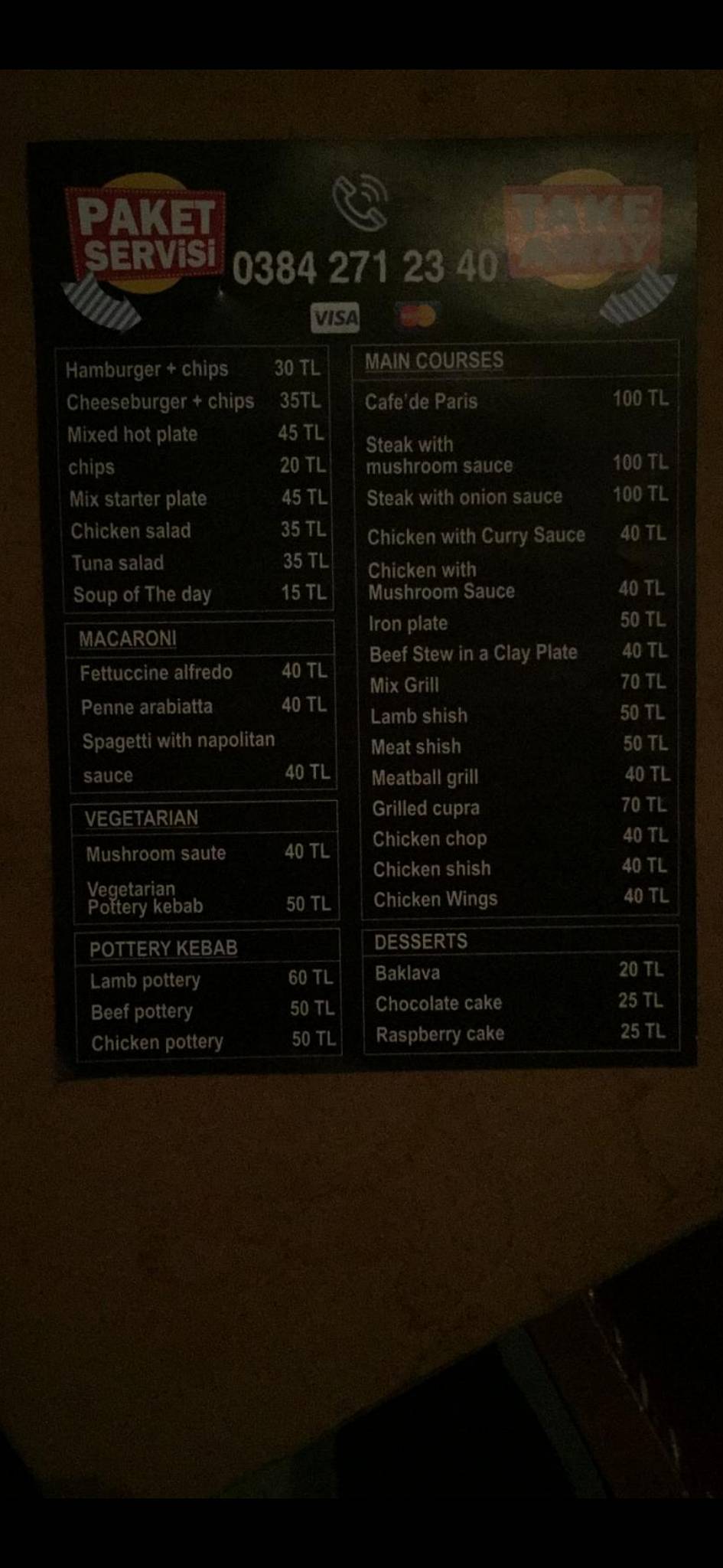 Menu at One Way Cafe, Göreme Belediyesi, Belediye Cd.