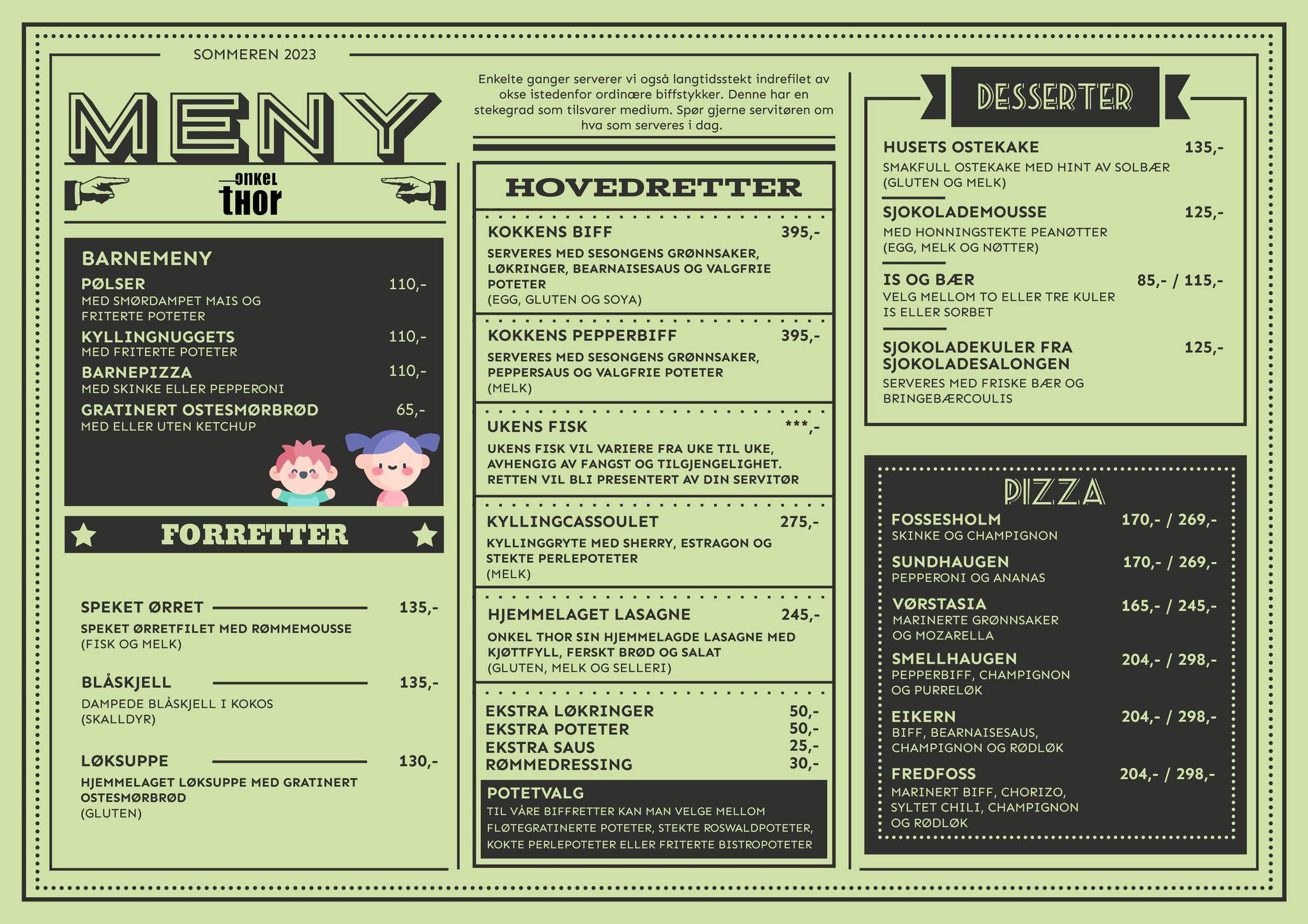 Menu at Onkel Thor restaurant, Vestfossen, Storgata 73