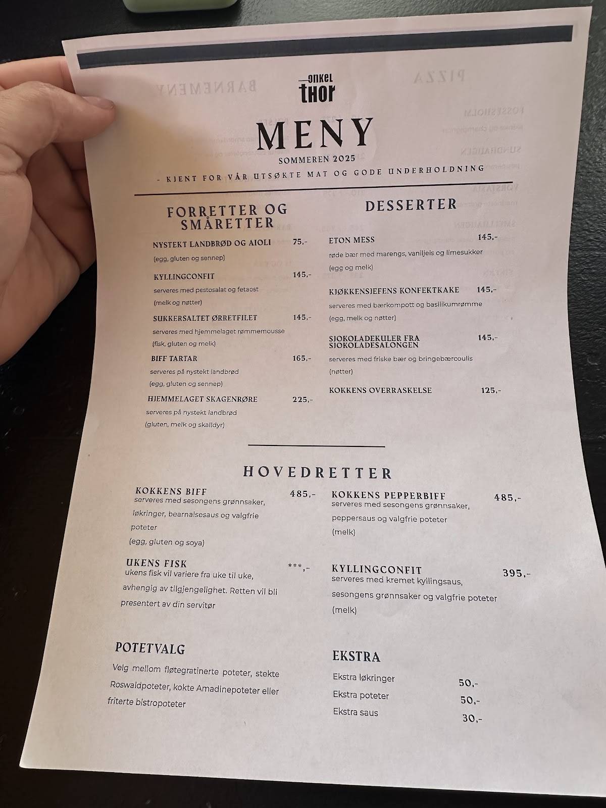 Menu at Onkel Thor restaurant, Vestfossen, Storgata 73