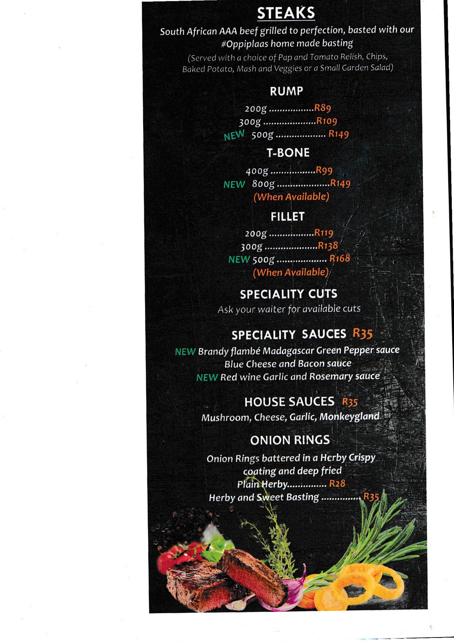 Menu at Oppiplaas restaurant, Pretoria