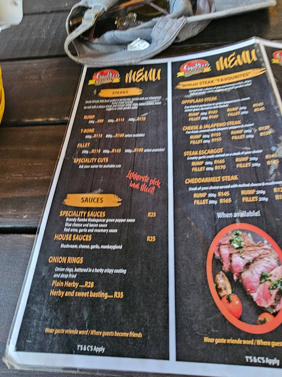 Menu at Oppiplaas restaurant, Pretoria