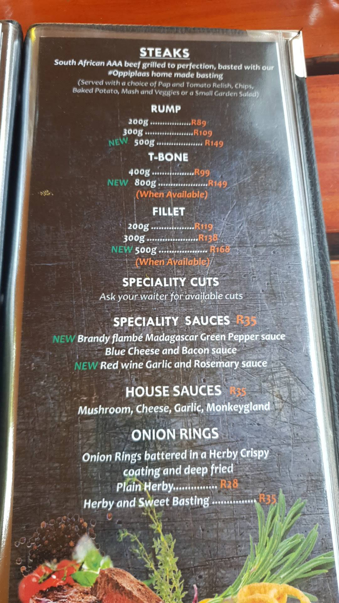 Menu at Oppiplaas restaurant, Pretoria