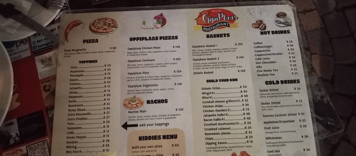 Menu at Oppiplaas restaurant, Pretoria
