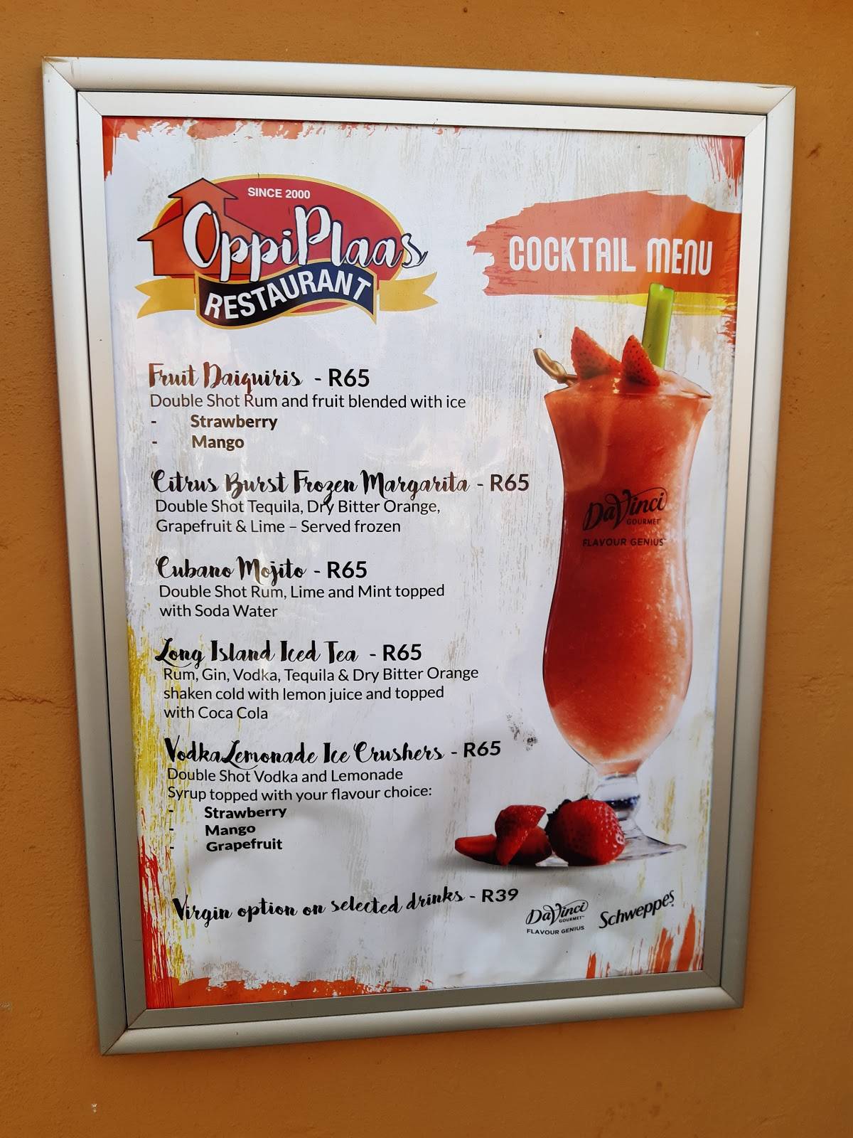 Menu at Oppiplaas restaurant, Pretoria