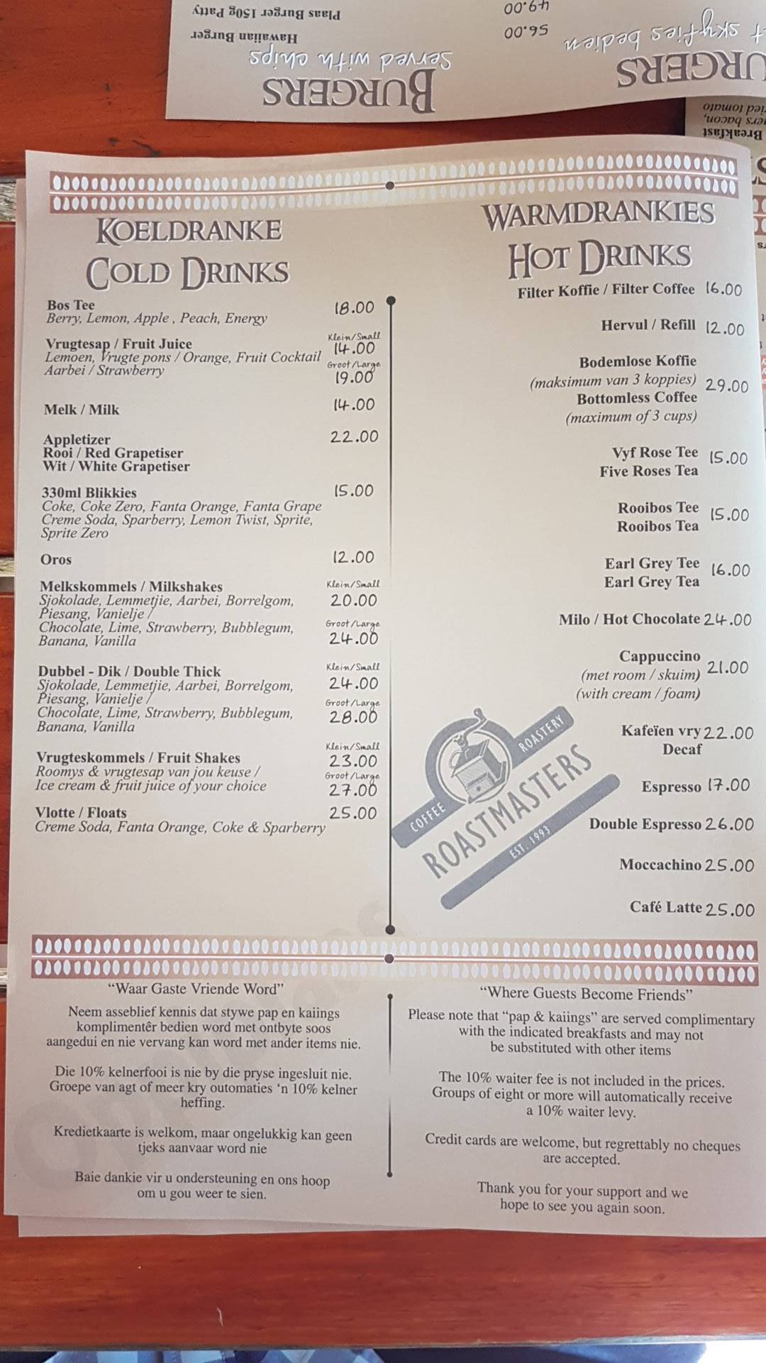 Menu at Oppiplaas restaurant, Pretoria