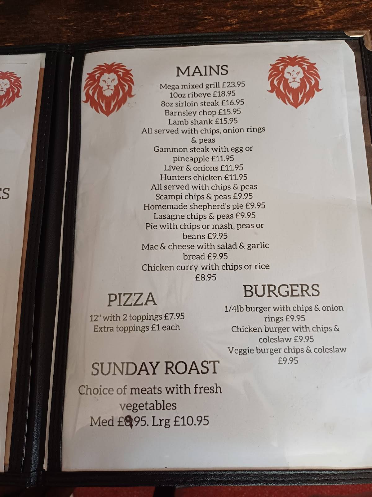 Menu at Orby Red Lion pub & bar, Burgh le Marsh