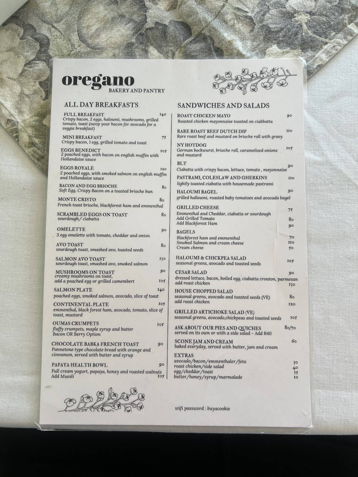 Menu at Oregano Coffee and Brunch restaurant, Randburg, 7 Grafton Ave