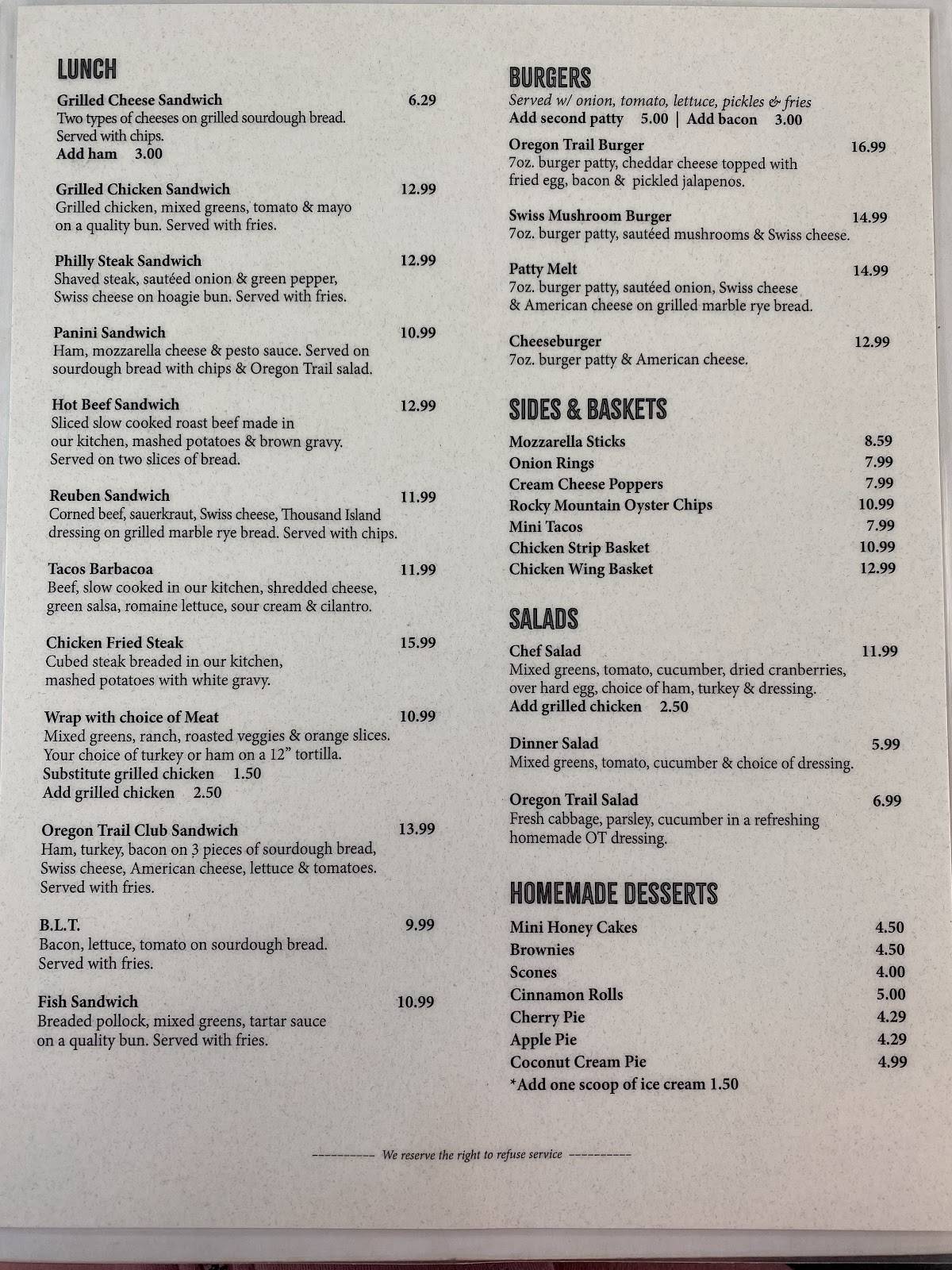Menu at Oregon Trail Trading Post restaurant, Lewellen