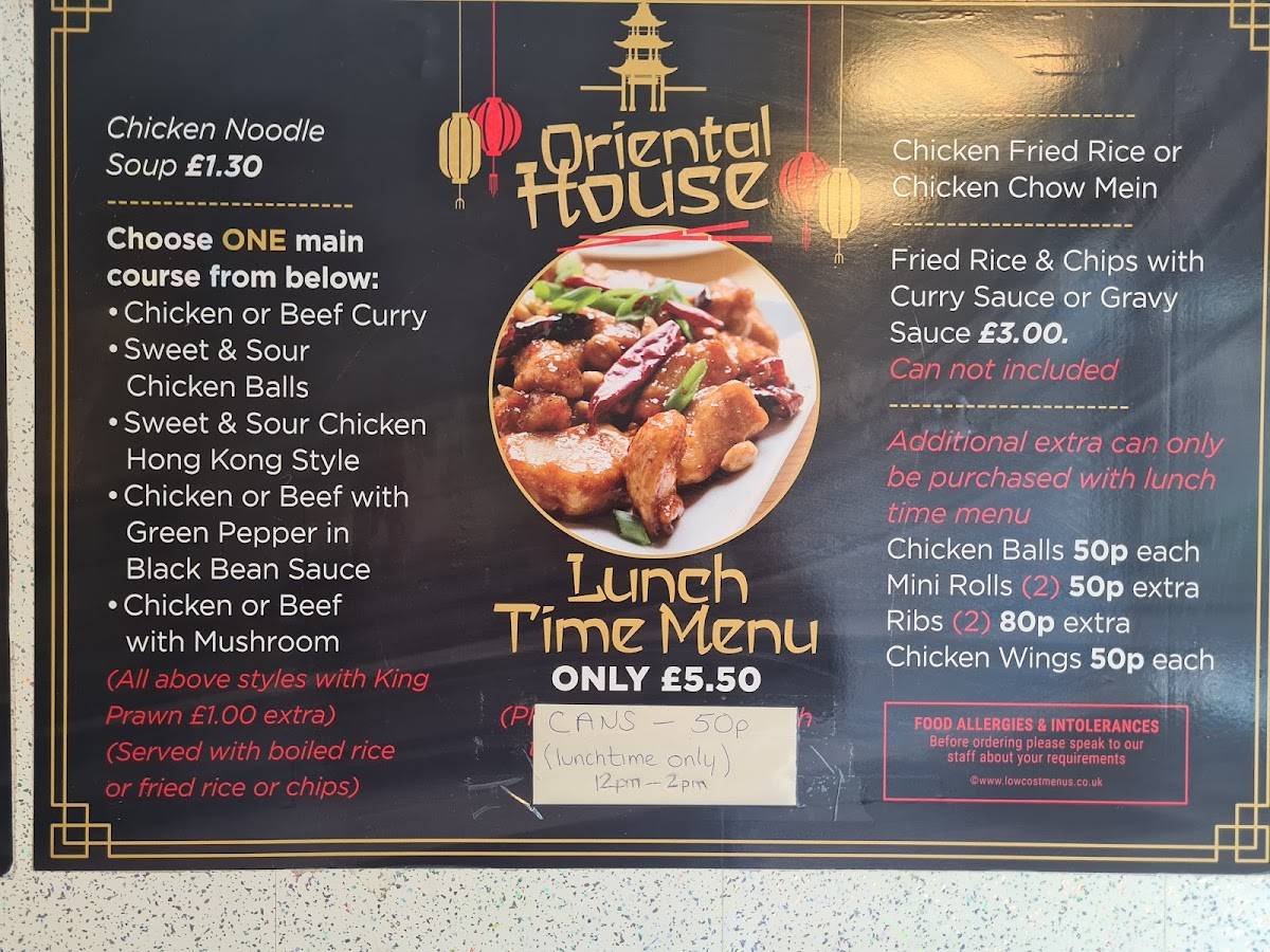 Menu at Oriental House fast food, Coatbridge, 73 Main St