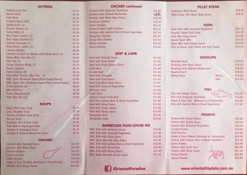 Menu at Oriental Paradise Chinese Restaurant, Lilydale