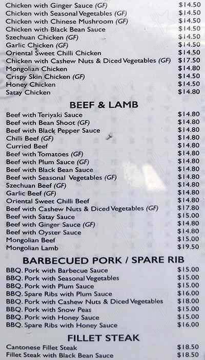 Menu at Oriental Paradise Chinese Restaurant, Lilydale