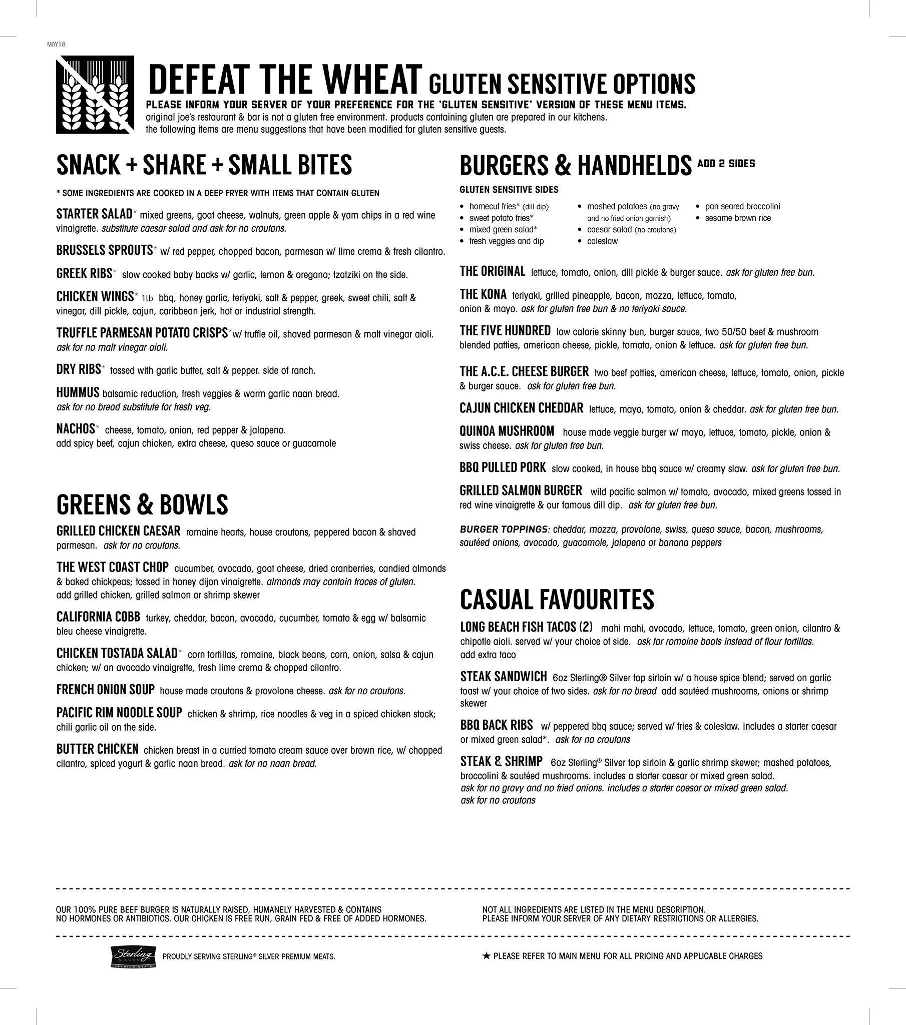 Menu at Original Joe's pub & bar, Red Deer
