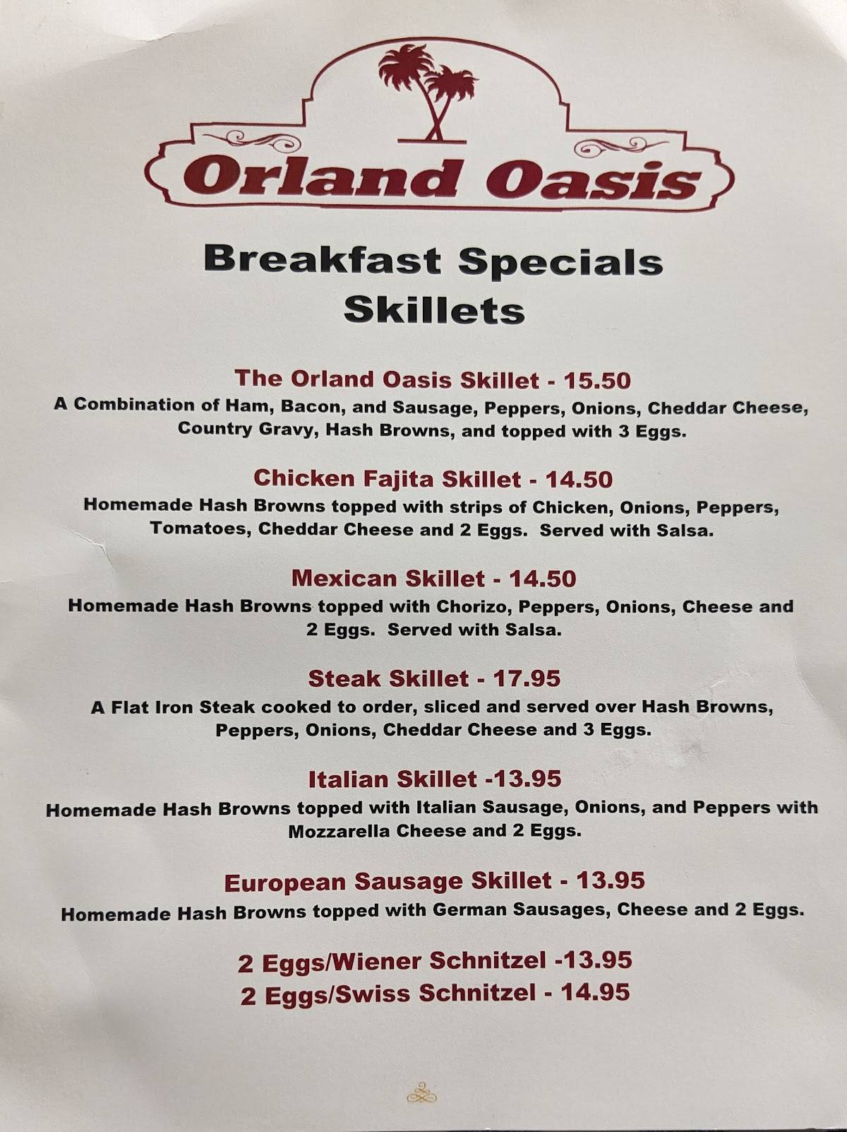 Menu at Orland Oasis restaurant, Orland Park, Union St