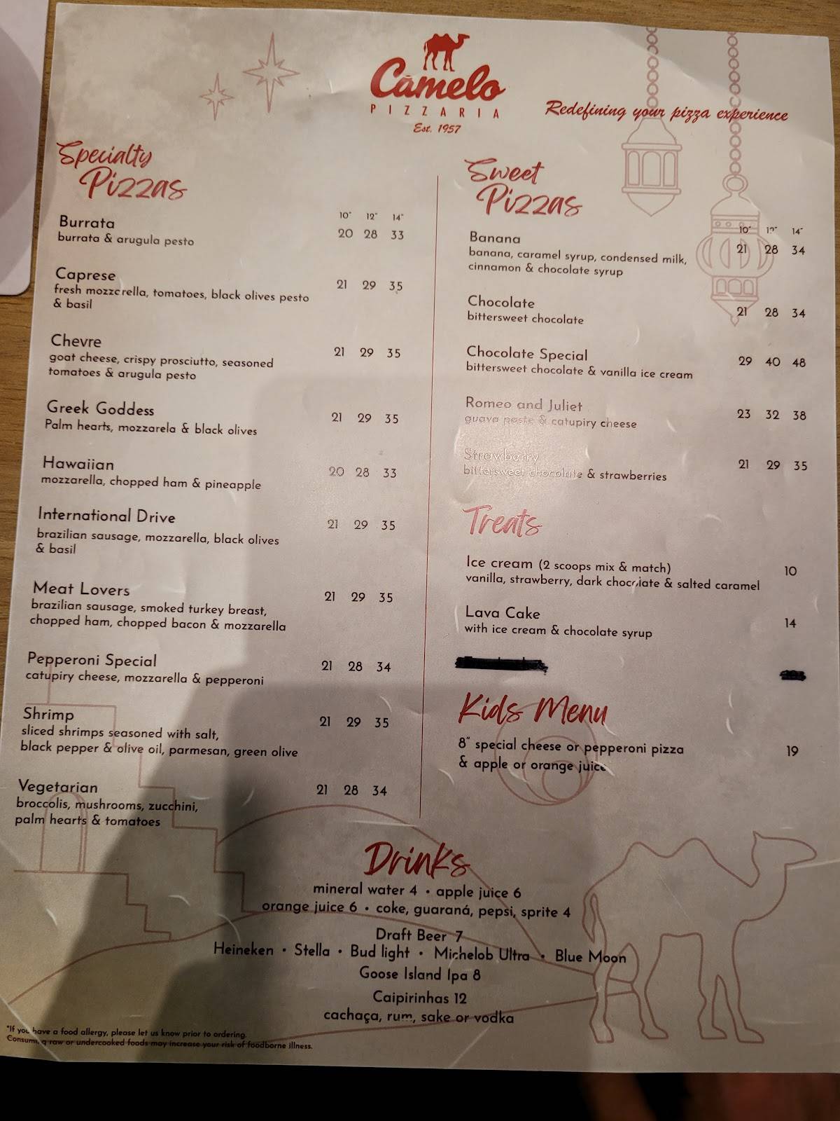 Menu at Camelo Pizzaria pizzeria, Orlando
