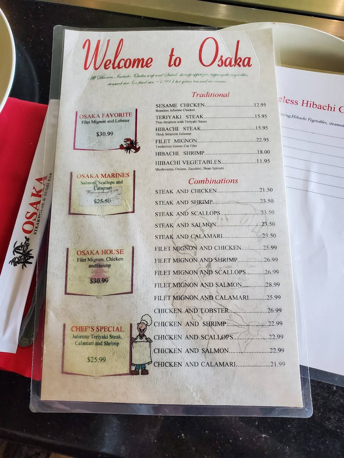 Menu at Osaka Steakhouse & Sushi Bar, Tulsa