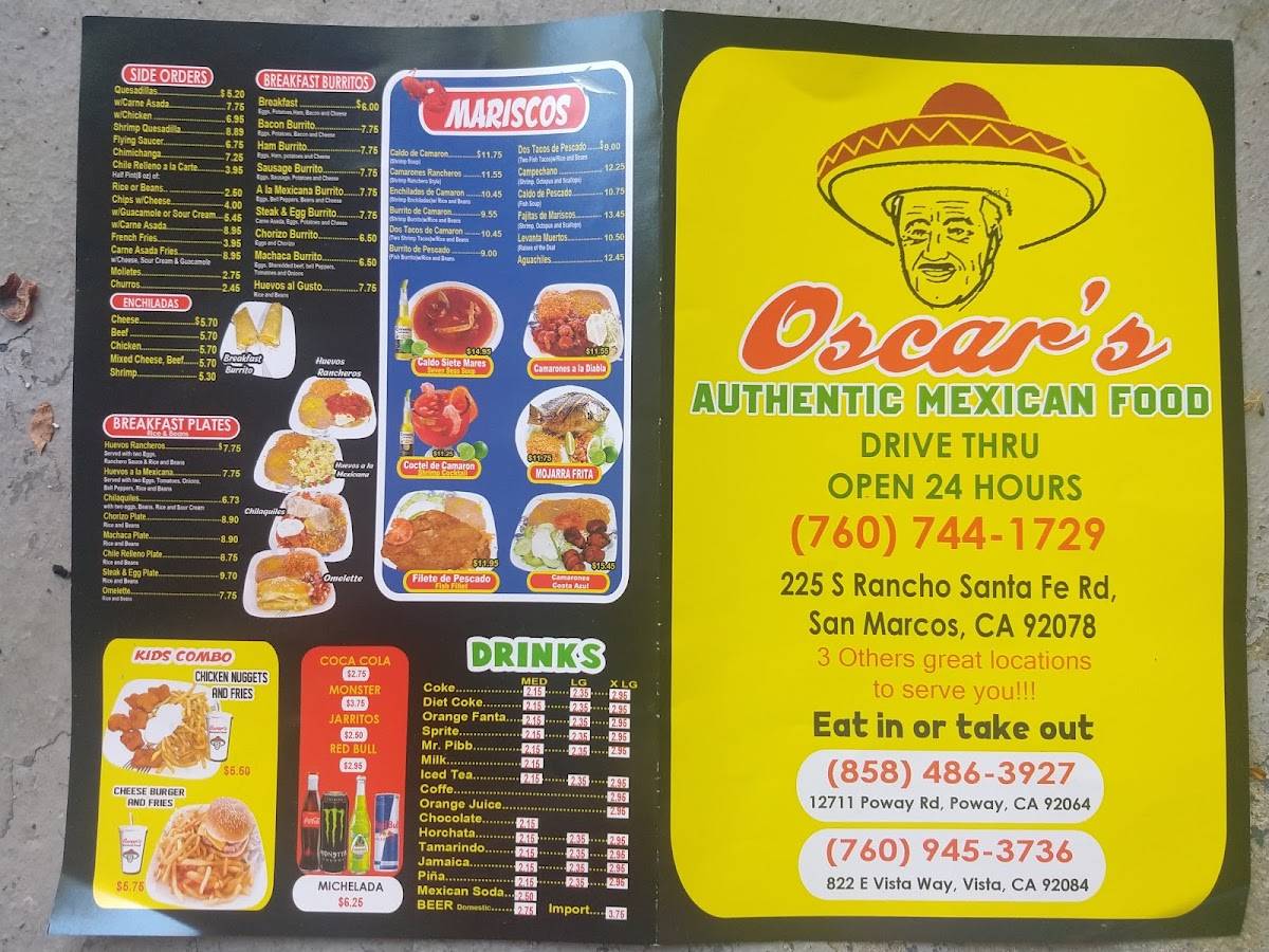 Menu at Oscar's Mexican Food restaurant, San Marcos