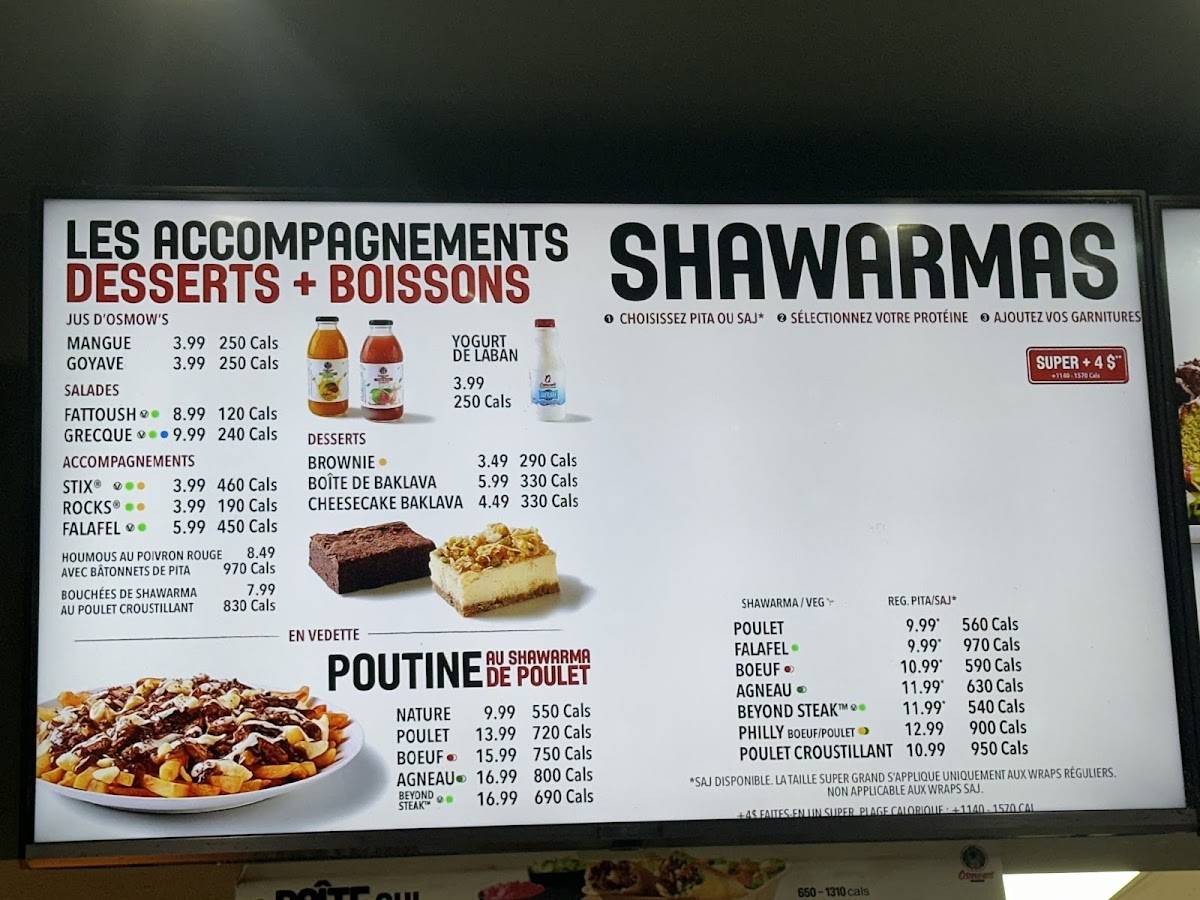 Menu au Osmow's Shawarma restaurant, Montréal, Saint-Catherine St W