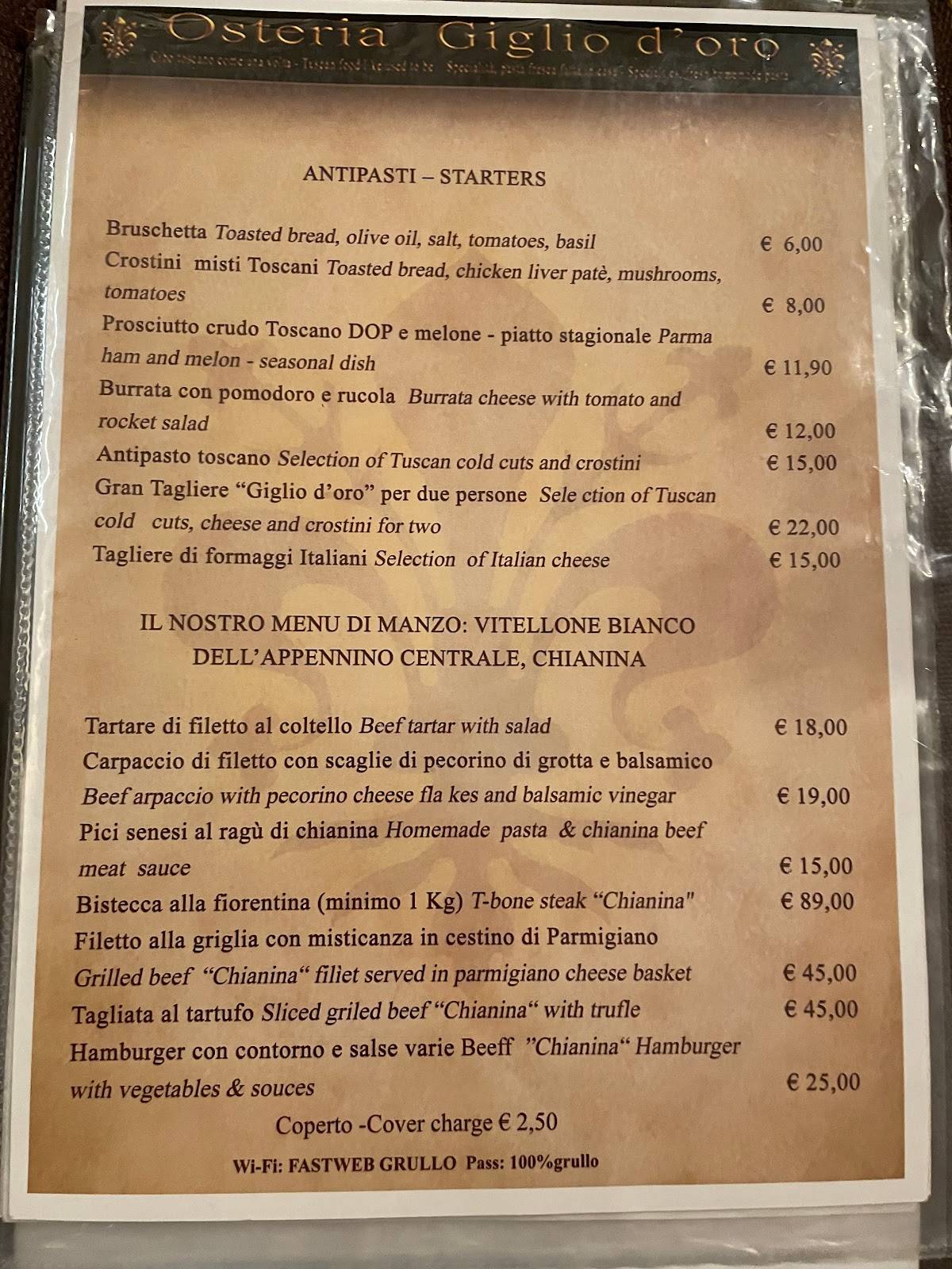 Menu at Osteria Giglio d'oro restaurant, Florence