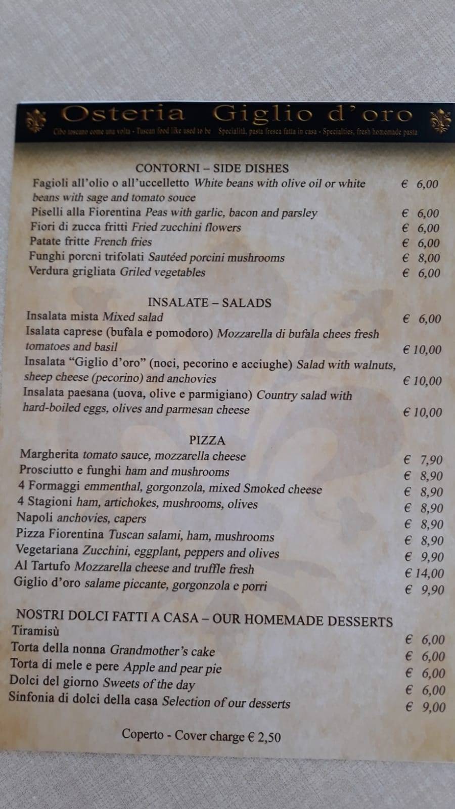 Menu at Osteria Giglio d'oro restaurant, Florence