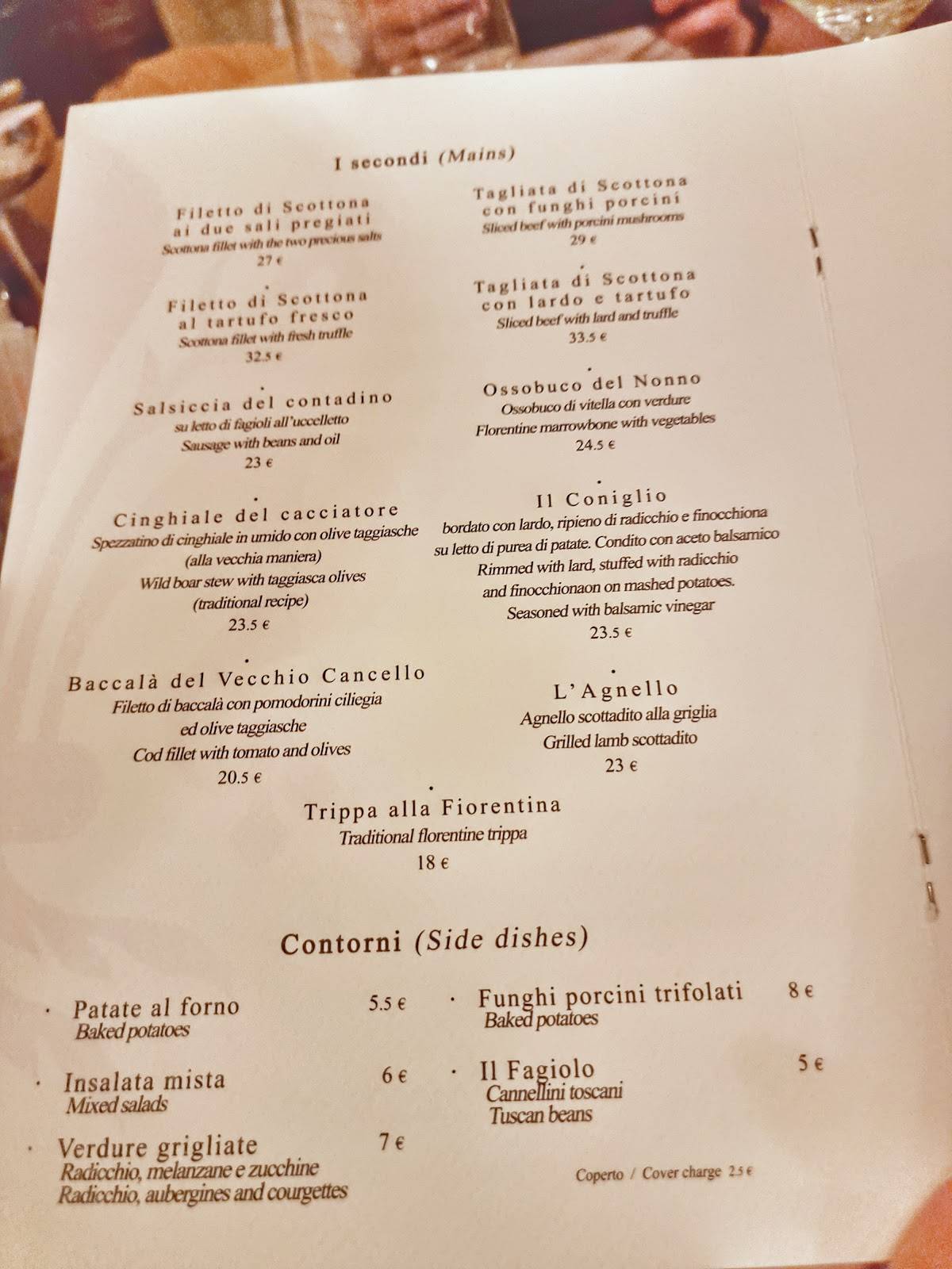 Menu at Osteria Vecchio Cancello restaurant, Florence