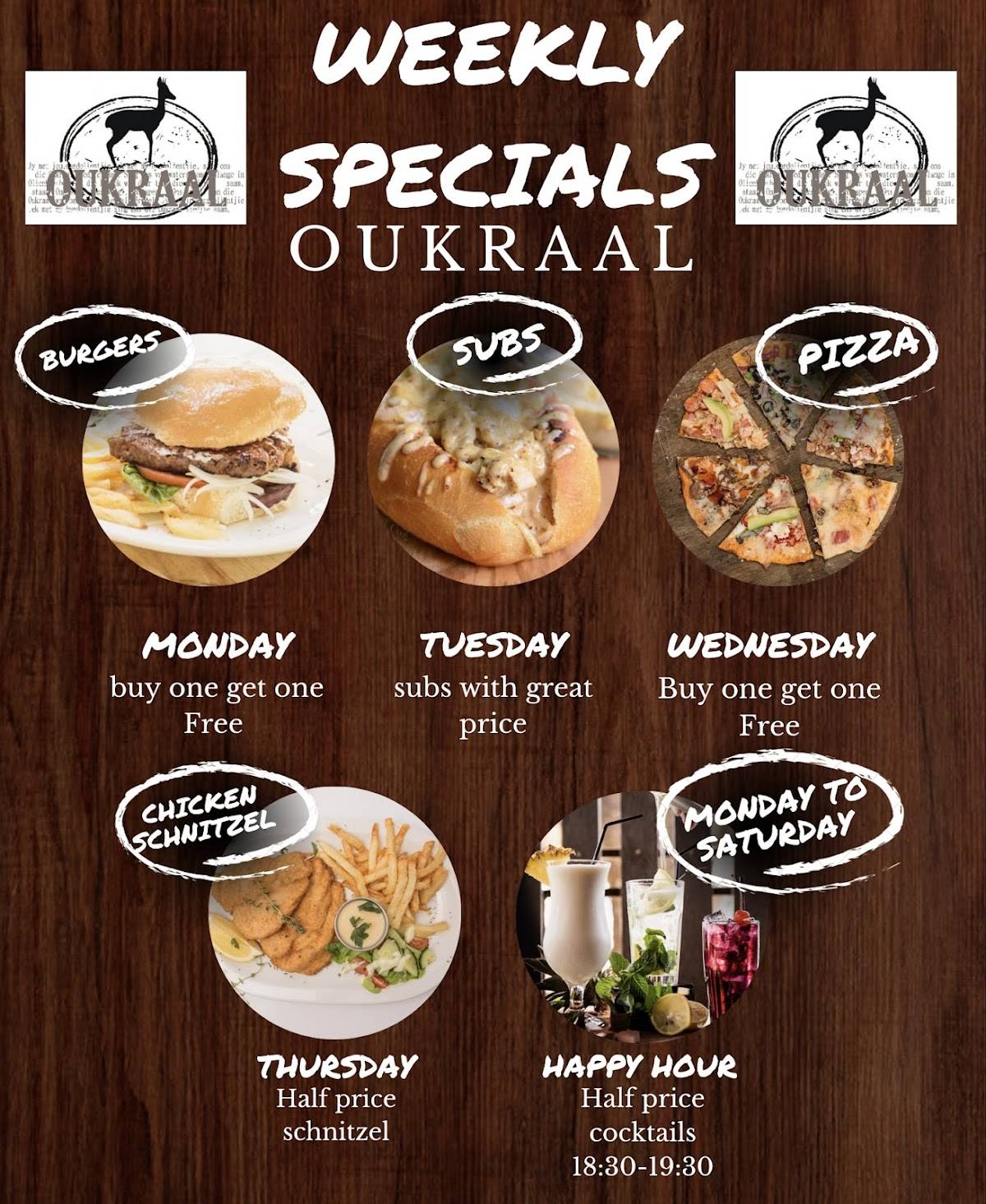 Menu at Oukraal restaurant, Potchefstroom