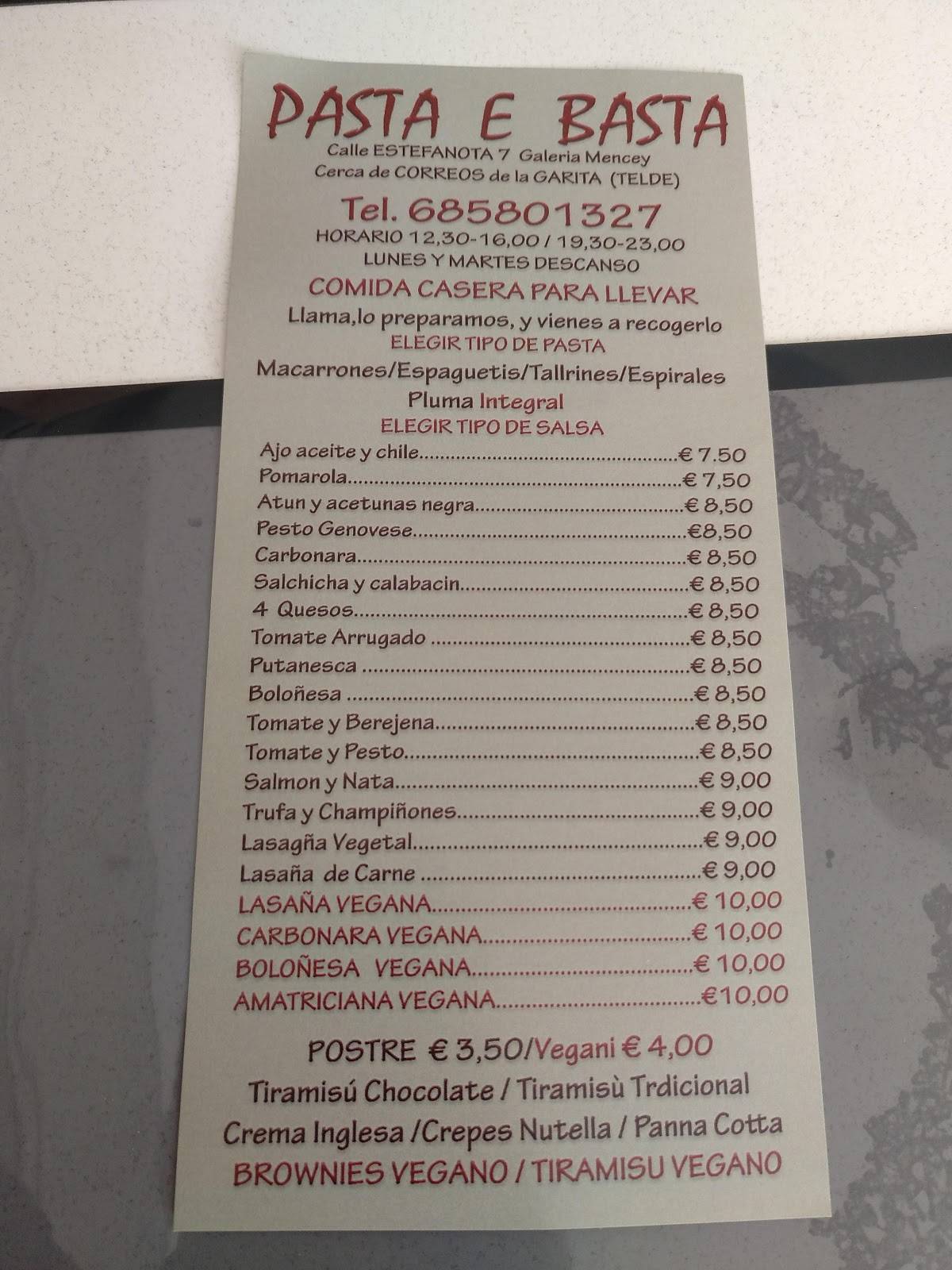 Carta de Pizzería PASTA E BASTA, La Garita