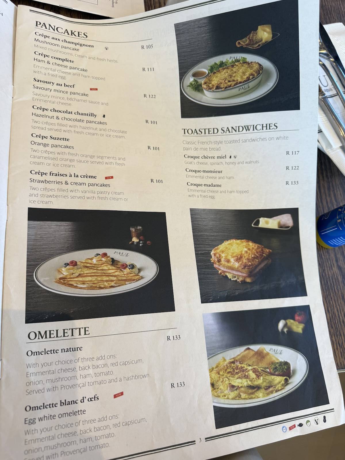 Menu at Paul, New Redruth