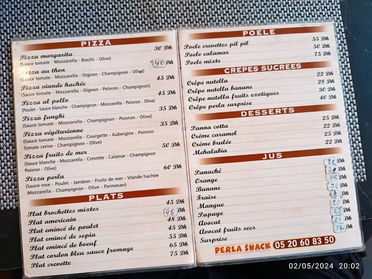 Menu au PERLA SNACK restaurant, Nouasseur