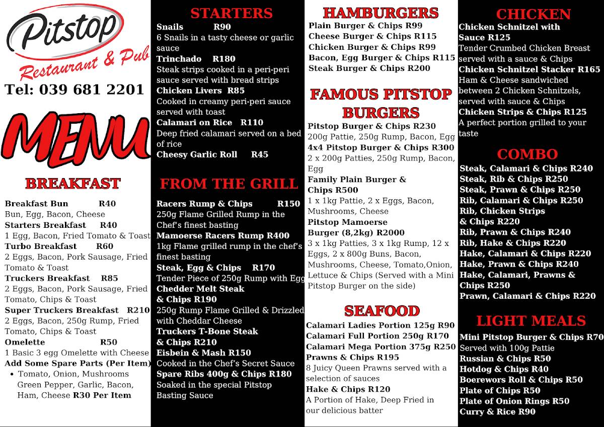 Menu at Pitstop Restaurant & Pub, Port Shepstone