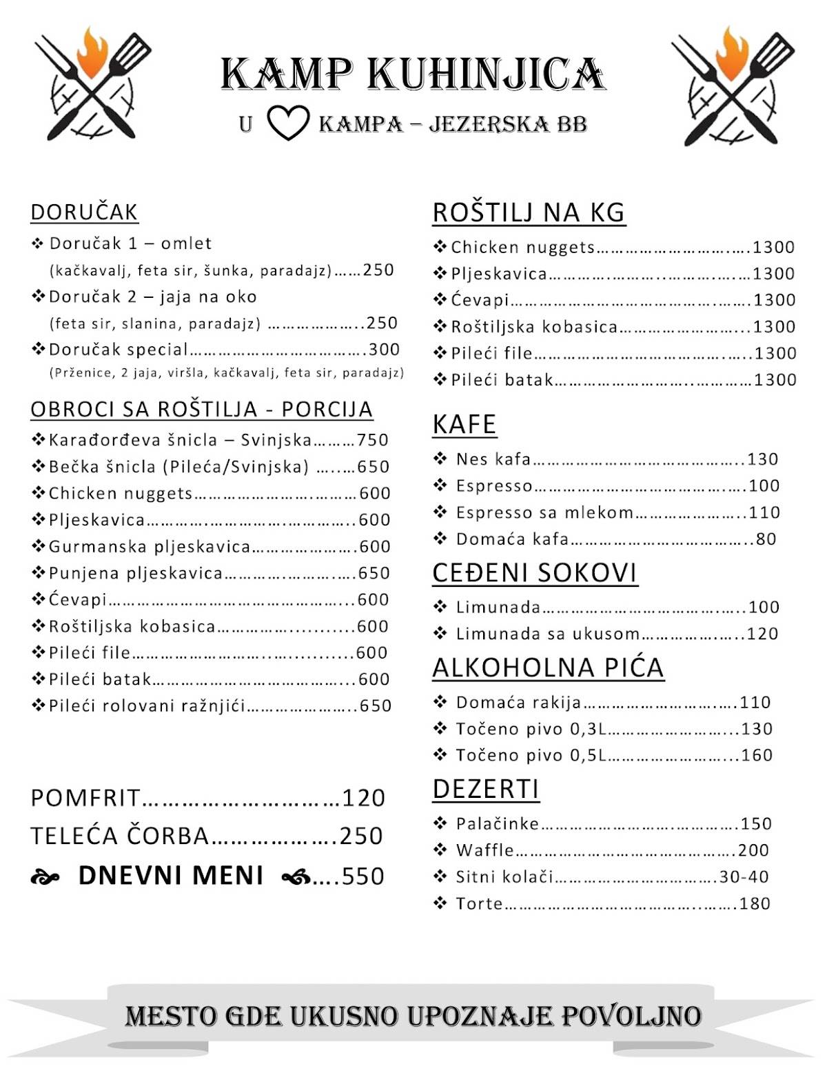 Speisekarte von Prodavnica i restoran Kamp Kuhinjica restaurant, Bela Crkva