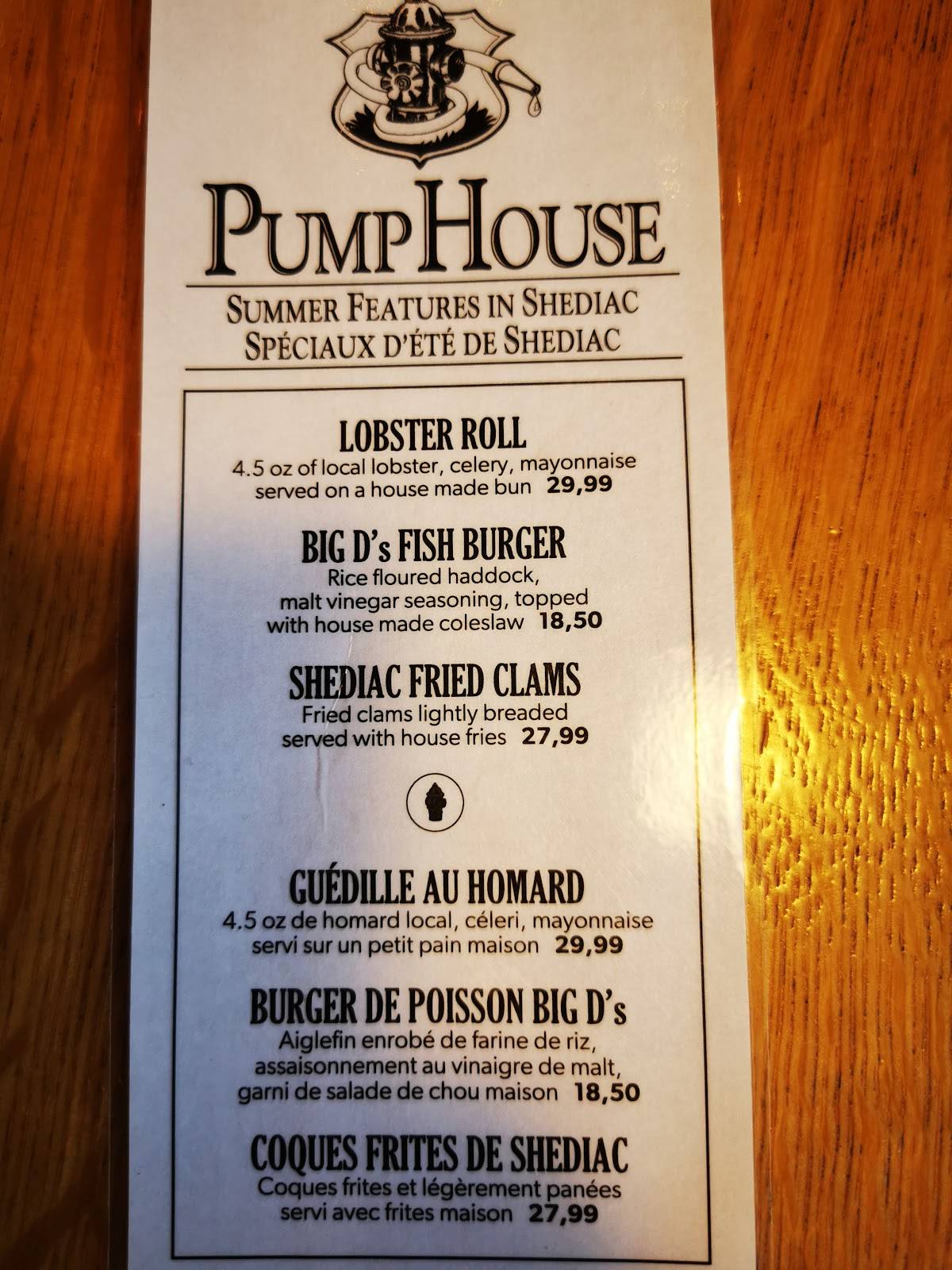 Menu au PUMP HOUSE pub et bar, Shediac