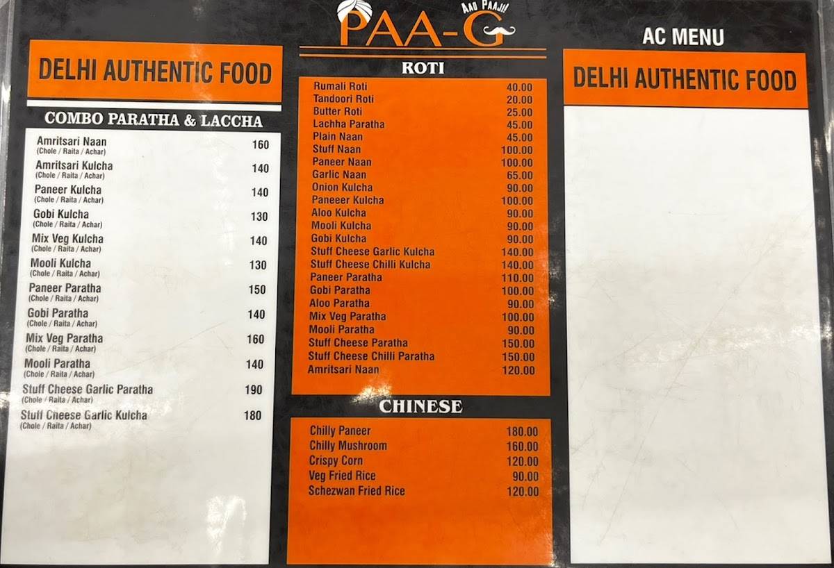 Menu at Paa-G, Mumbai