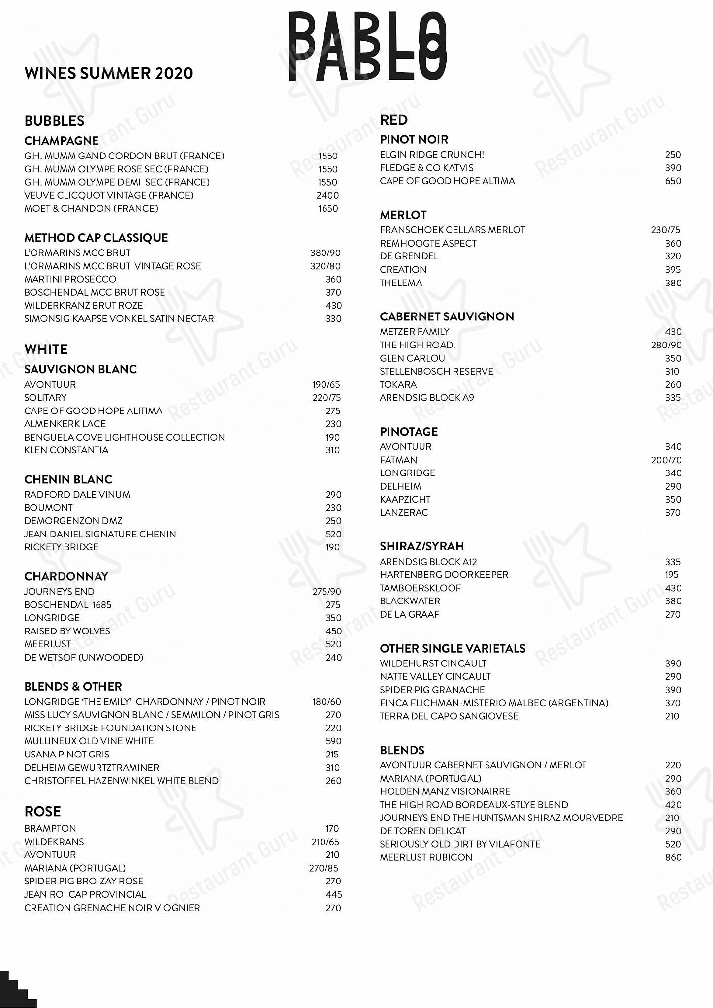 Menu at PABLO Sandton Restaurant, Sandton
