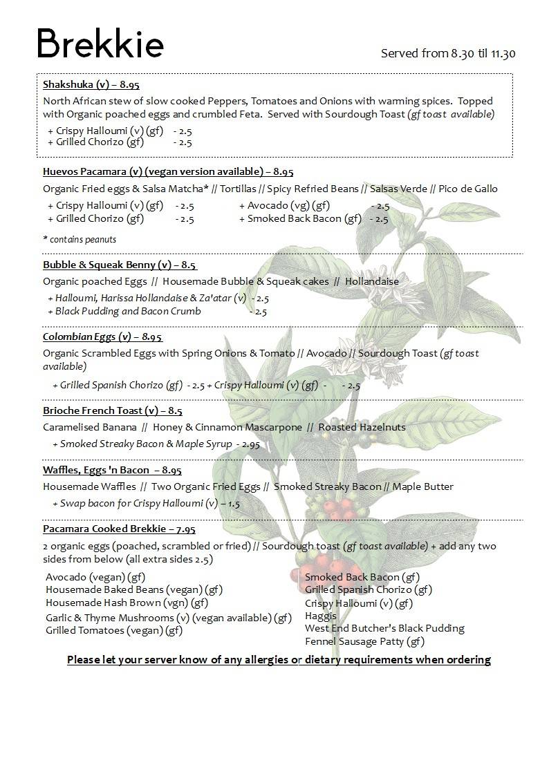 Menu at Pacamara Food & Drink cafe, Dundee