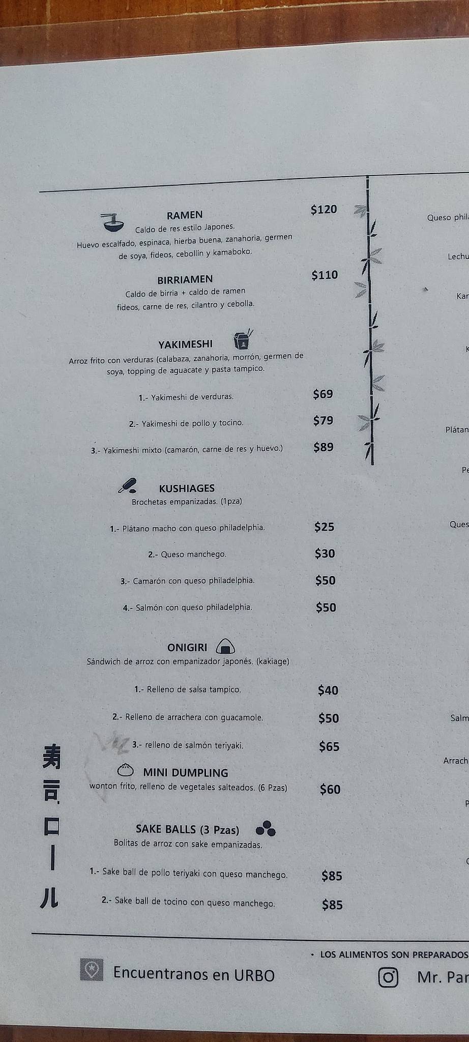 Carta del restaurante Mr. Panda, Pachuca del Soto