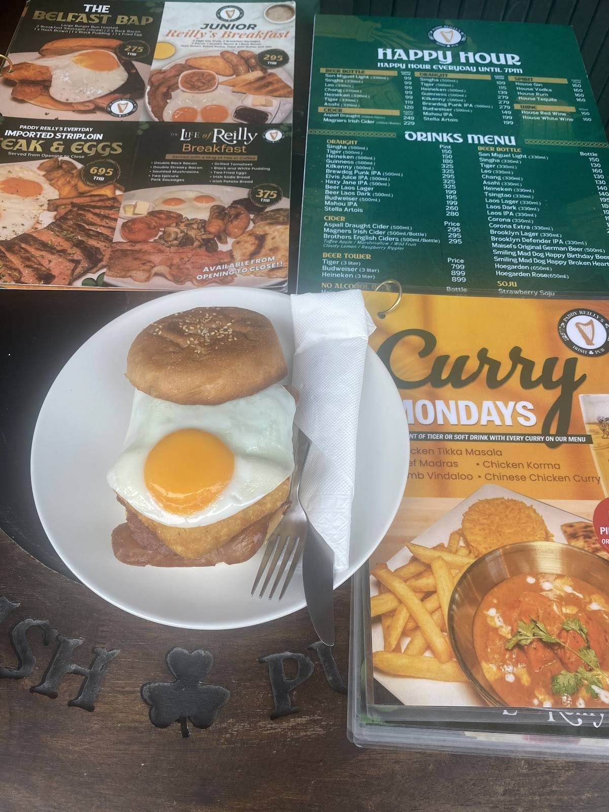 Menu at Paddy Reilly’s Irish Pub, Bangkok