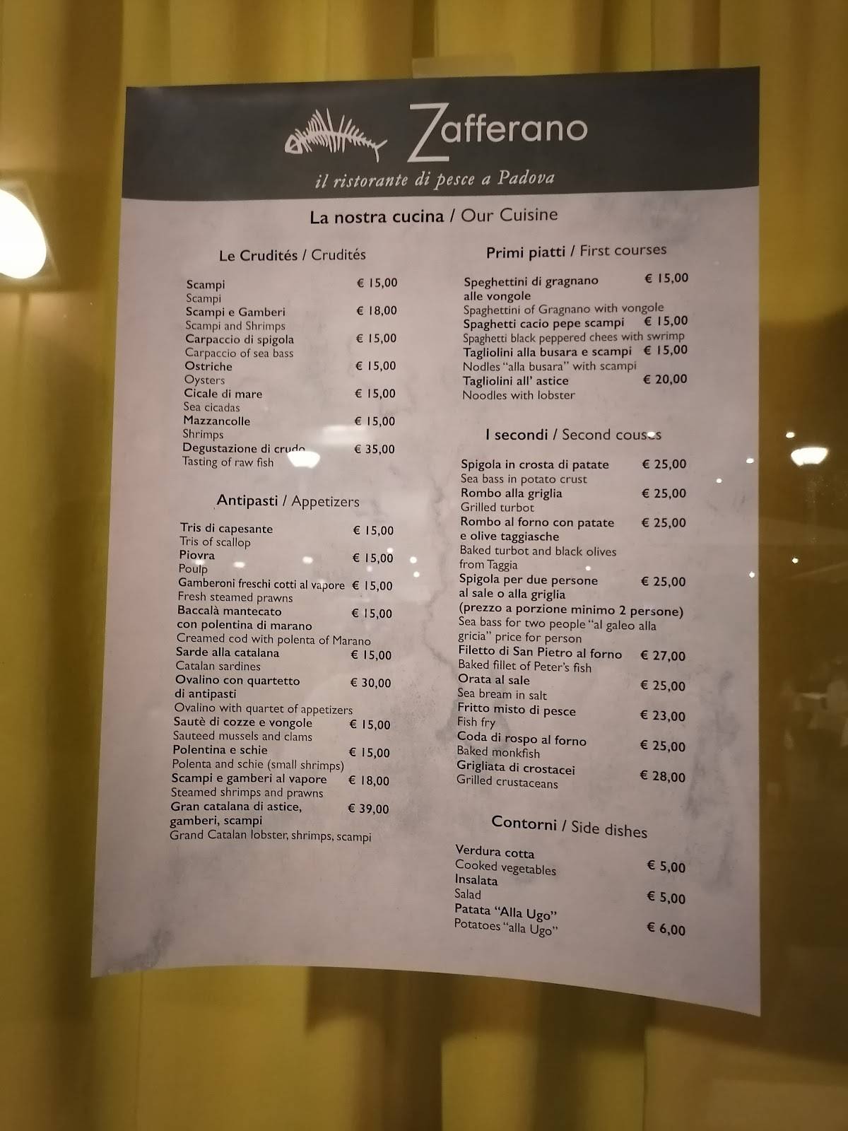 Menu at Zafferano restaurant, Padua