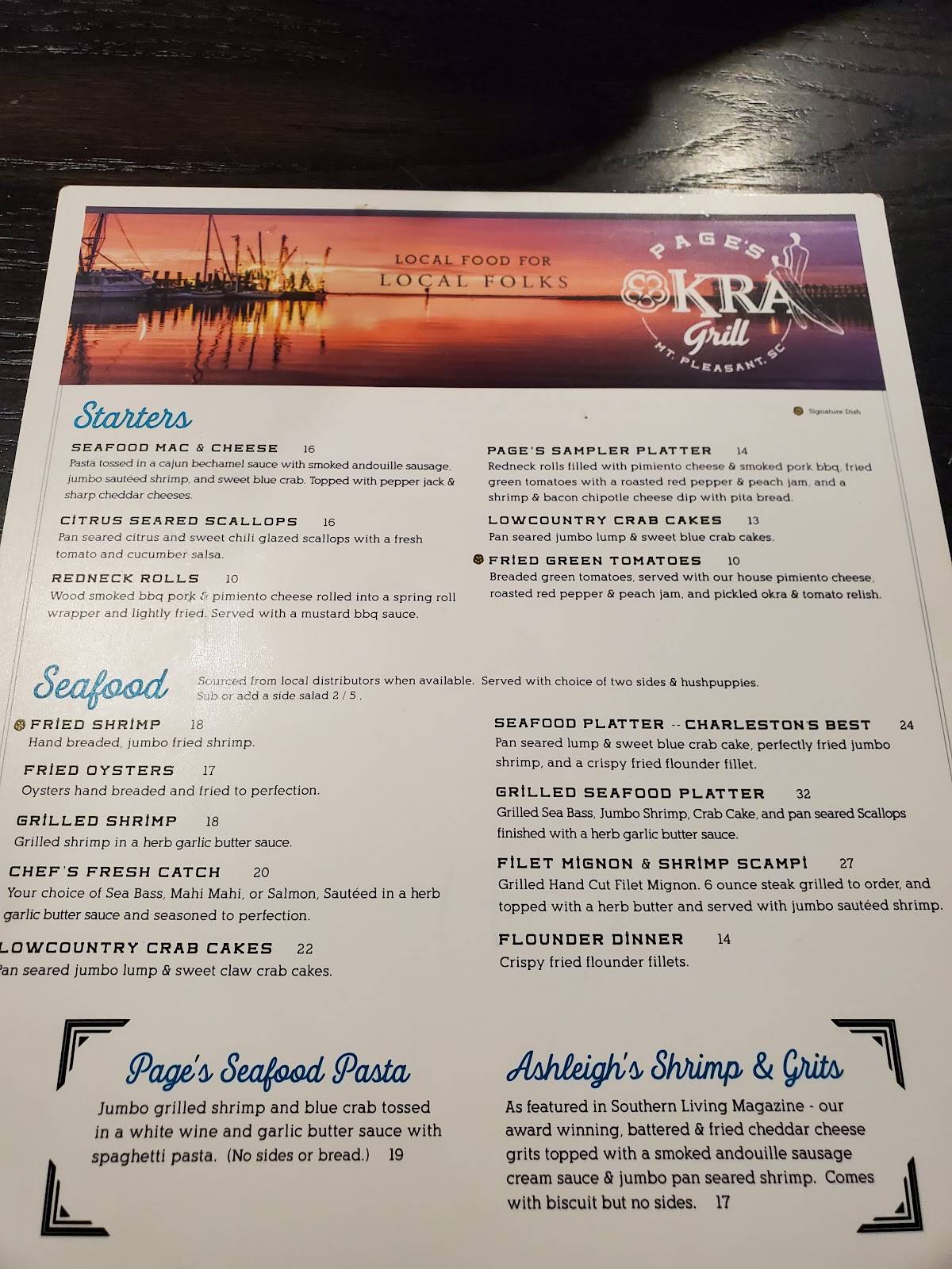 Menu at Page's Okra Grill restaurant, Mount Pleasant