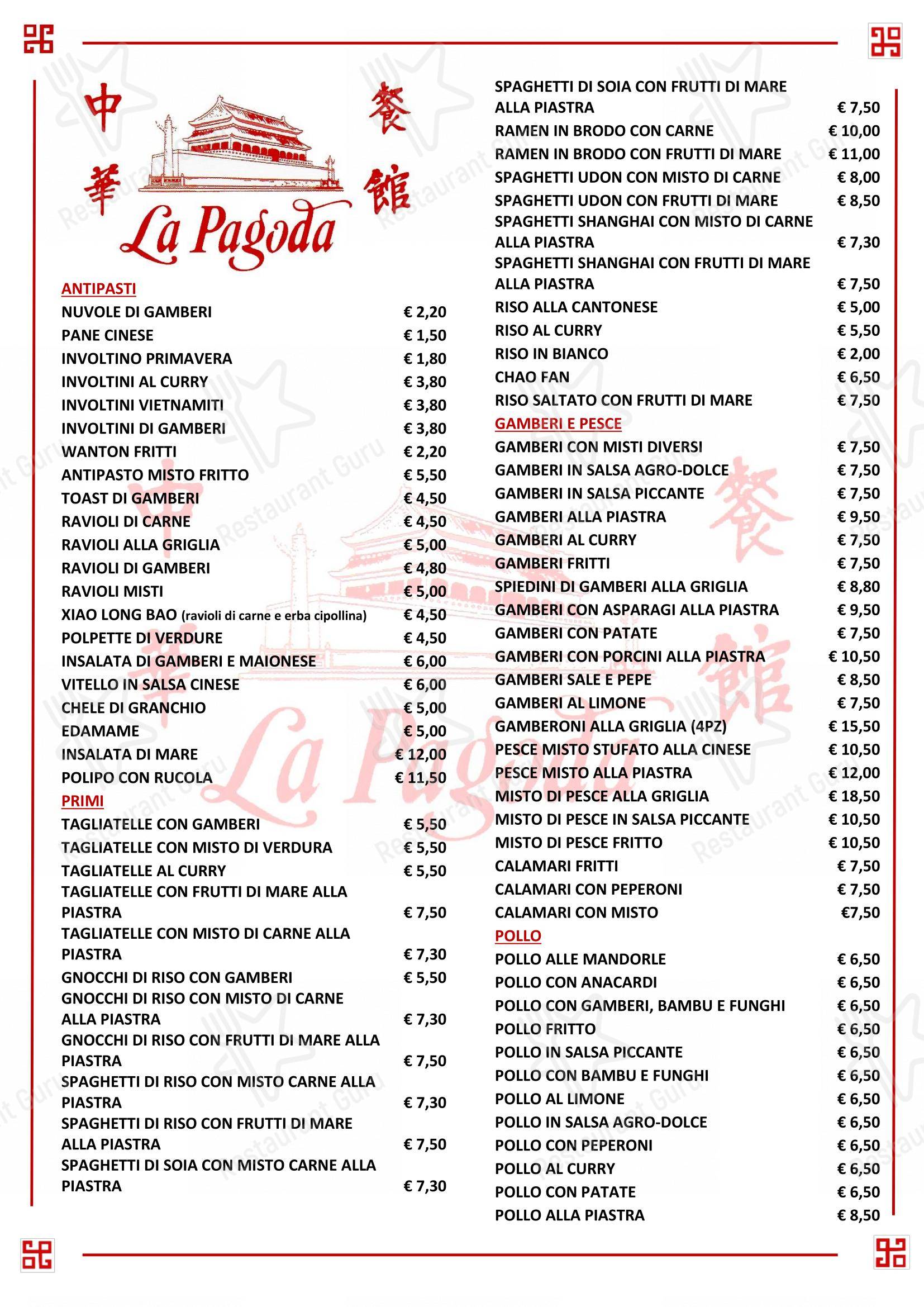 Menu da La Pagoda ristorante, Seveso