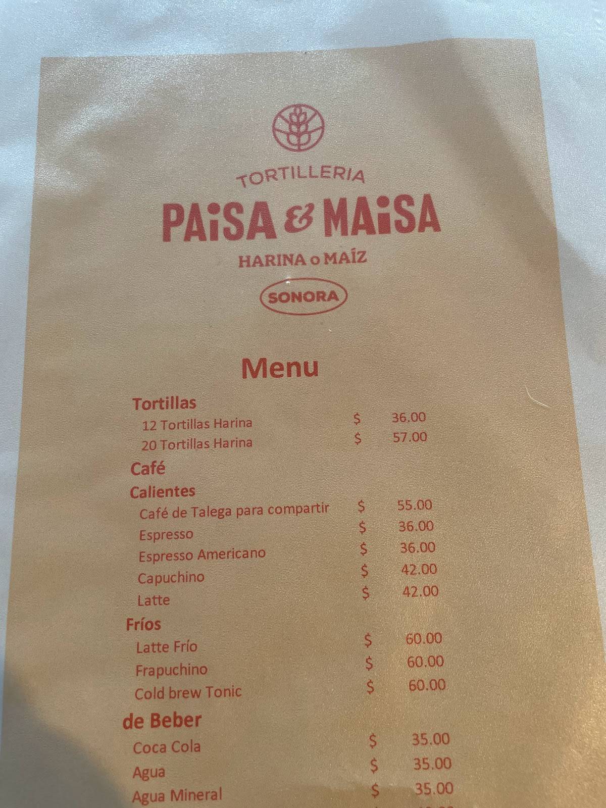 Menu at Paisa & Maisa Tortillería cafe, Mexico City