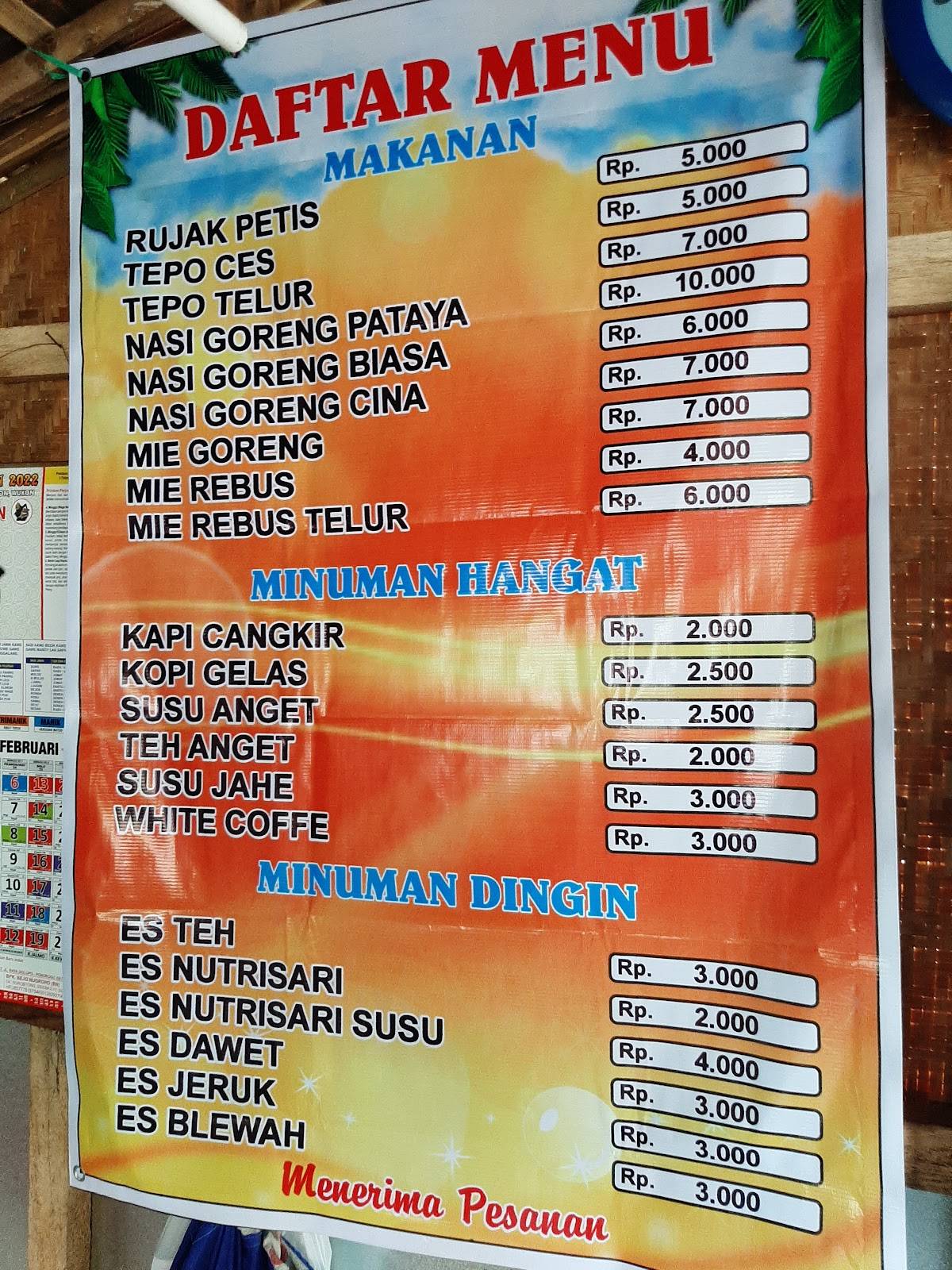 Menu at Pak Yatno mini cafe, Indonesia
