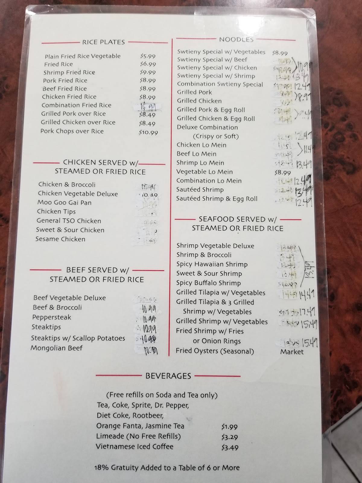 Menu at Tran's Restaurant, Palacios