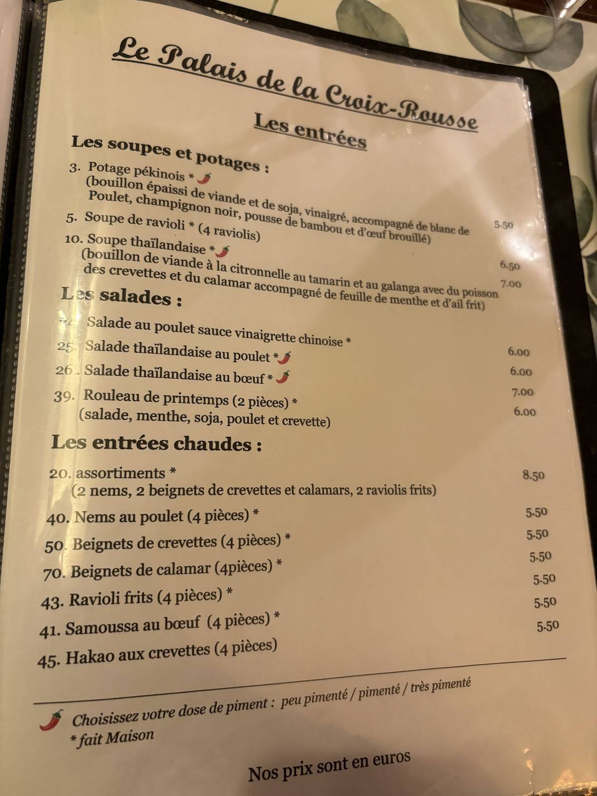 Menu au Palais de la Croix Rousse restaurant, Lyon